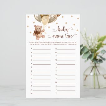 Teddy Bear Baby Name Race Baby Shower Game | Zazzle