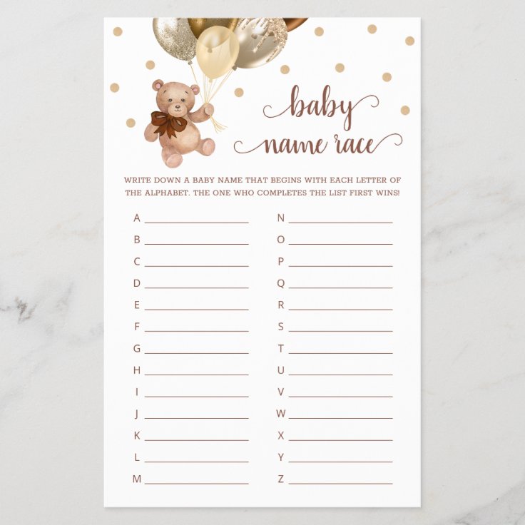 Teddy Bear Baby Name Race Baby Shower Game | Zazzle