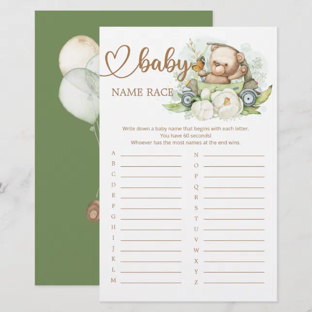 Teddy Bear Baby Shower Baby Name Race Game | Zazzle