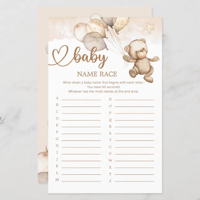 Teddy Bear Baby Shower Baby Name Race Game | Zazzle