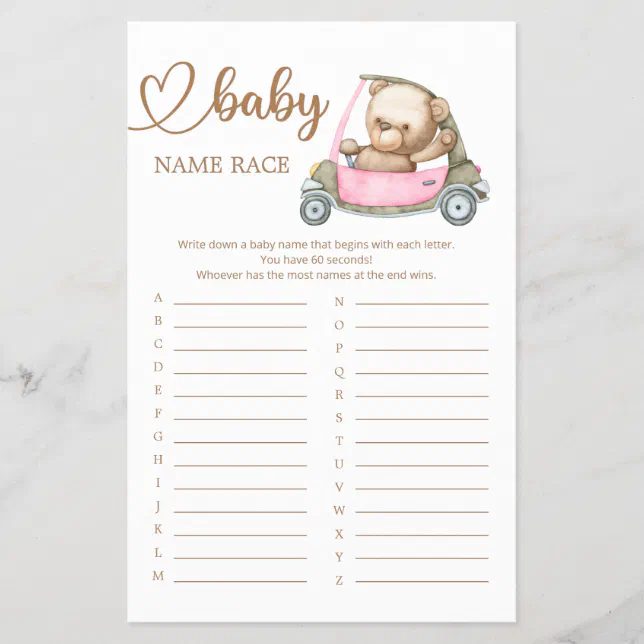 Teddy Bear Baby Shower Baby Name Race Game | Zazzle