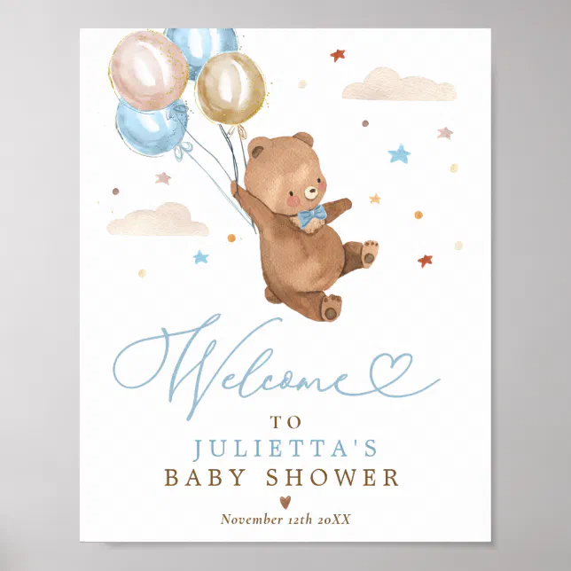 Teddy Bear Baby Shower Boy Blue Bear Welcome Poster | Zazzle