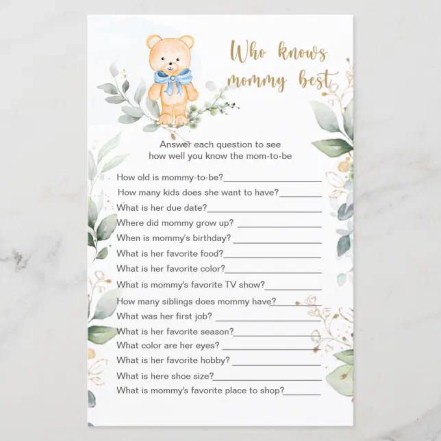 Teddy Bear Baby Shower Game Who Knows Mommy Best | Zazzle