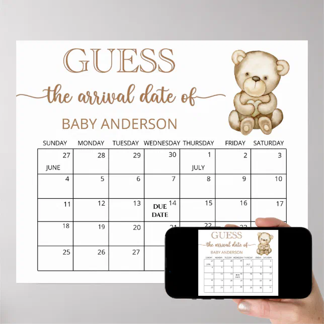 Teddy Bear Baby Shower Guess Due Date Calendar Po Poster | Zazzle