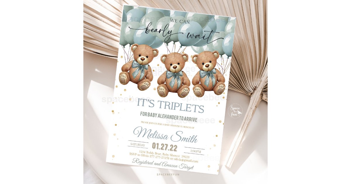 Teddy Bear Baby Shower it's TRIPLETS Invitation | Zazzle