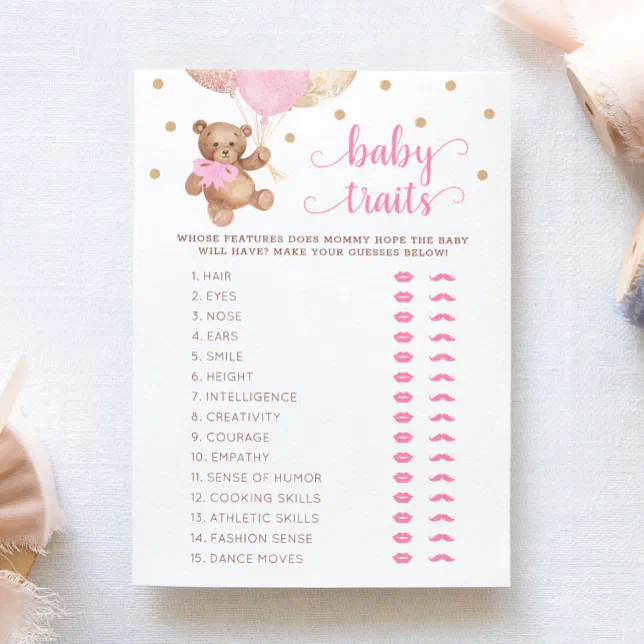 Teddy Bear Baby Traits Game Baby Shower Card | Zazzle