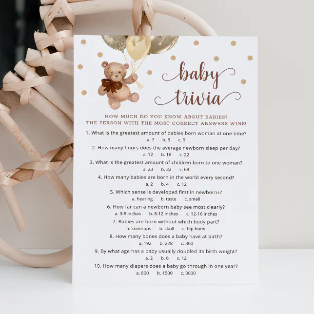 Teddy Bear Baby Trivia Baby Shower Game Card | Zazzle