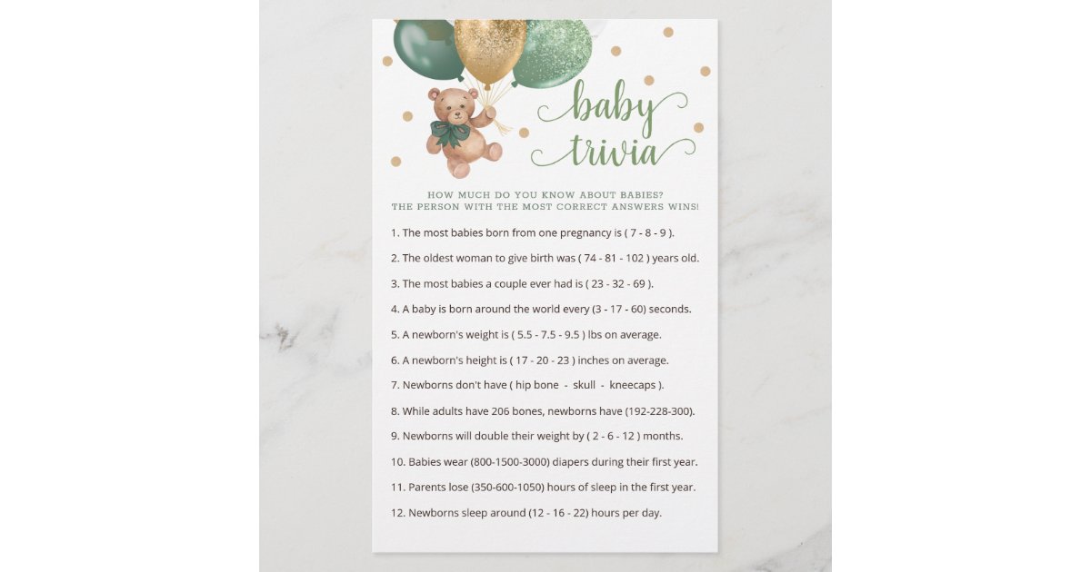 Teddy Bear Baby Trivia Game Baby Shower | Zazzle