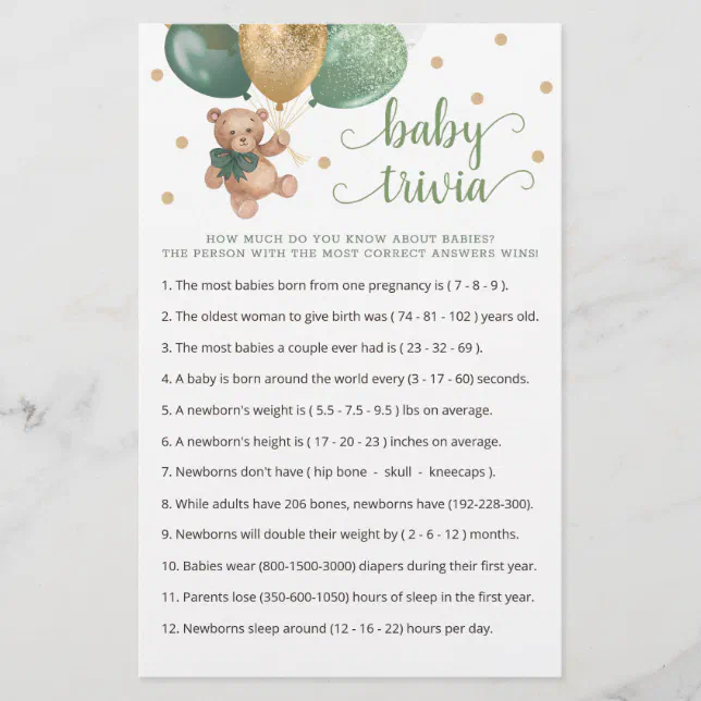 Teddy Bear Baby Trivia Game Baby Shower | Zazzle