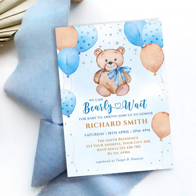 Teddy Bear Balloon Bearly Wait Baby Shower Invitation | Zazzle