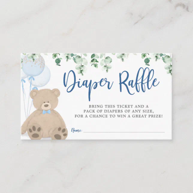 Teddy Bear Balloon Eucalyptus Diaper Raffle Ticket Enclosure Card | Zazzle