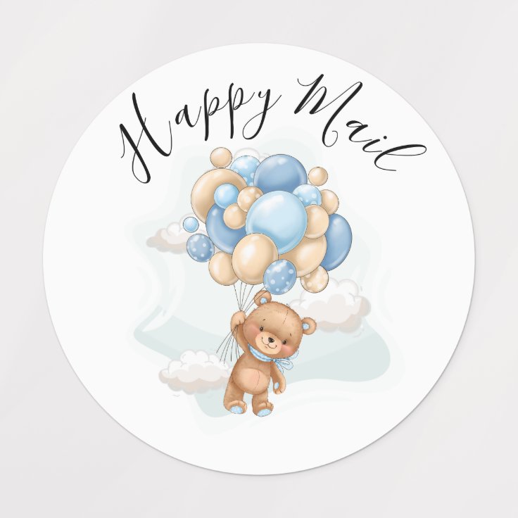 Teddy Bear Balloon Happy Mail Baby Shower Labels | Zazzle