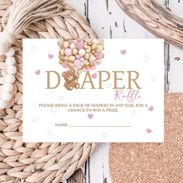 Teddy Bear Balloon Themed Diaper Raffle Pink Enclosure Card | Zazzle