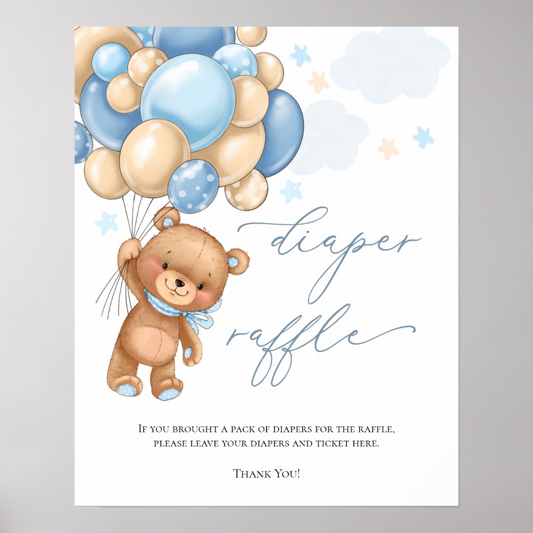 Teddy Bear Balloons Baby Shower Diaper Raffle Pos Poster | Zazzle