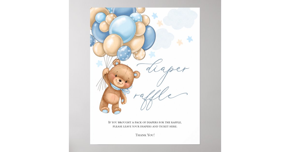 Teddy Bear Balloons Baby Shower Diaper Raffle Pos Poster | Zazzle