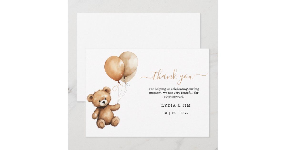 Teddy bear Balloons baby shower Gender neutral Thank You Card | Zazzle