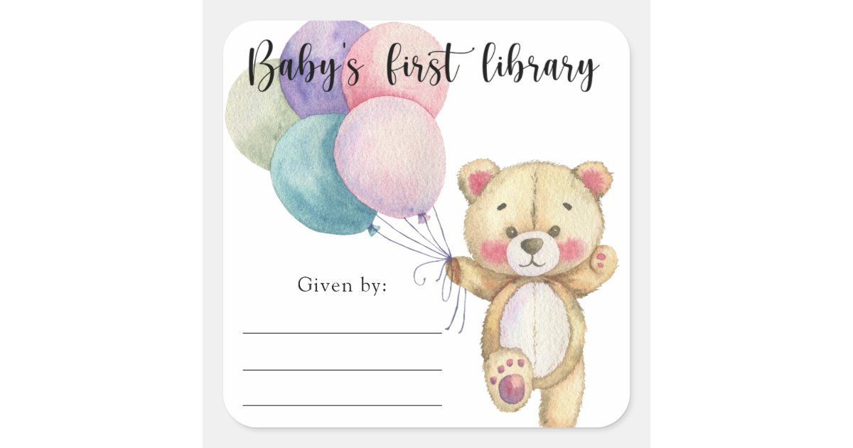 Teddy bear balloons - baby's first library square sticker | Zazzle