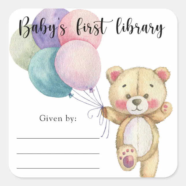 Teddy bear balloons - baby's first library square sticker | Zazzle