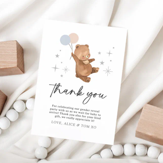 Teddy Bear Balloons Gender Reveal - Thank You Card | Zazzle