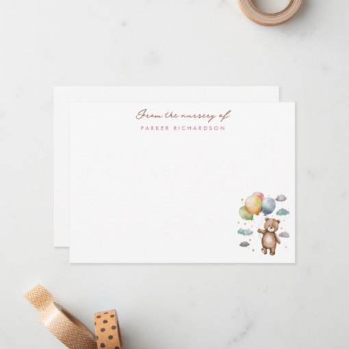 Teddy Bear & Balloons Nursery Pink Thank You Note Card | Zazzle