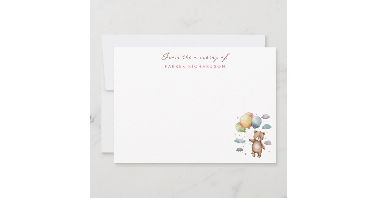 Teddy Bear & Balloons Nursery Pink Thank You Note Card | Zazzle