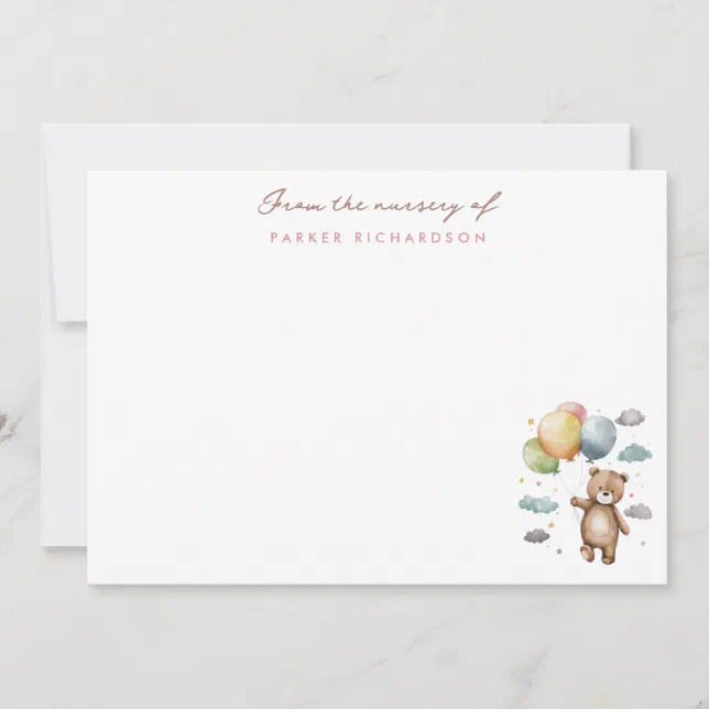 Teddy Bear & Balloons Nursery Pink Thank You Note Card | Zazzle
