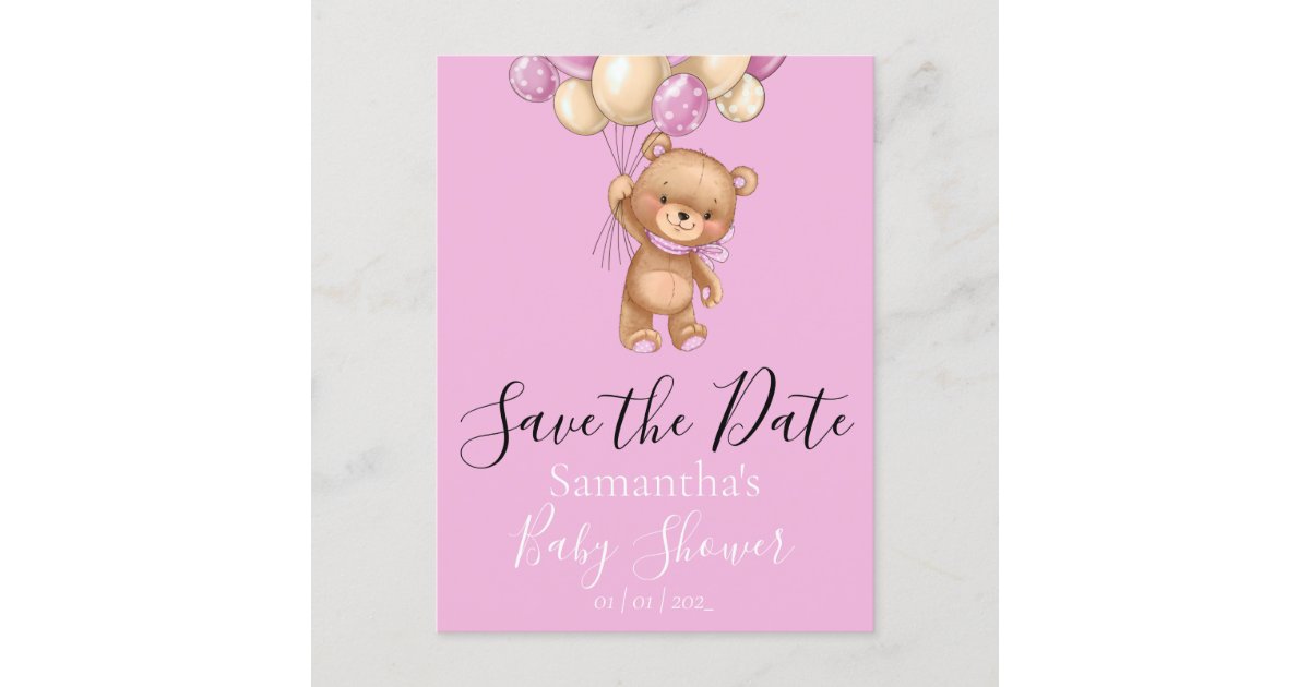 Teddy Bear Balloons Pink the Date Postcard | Zazzle