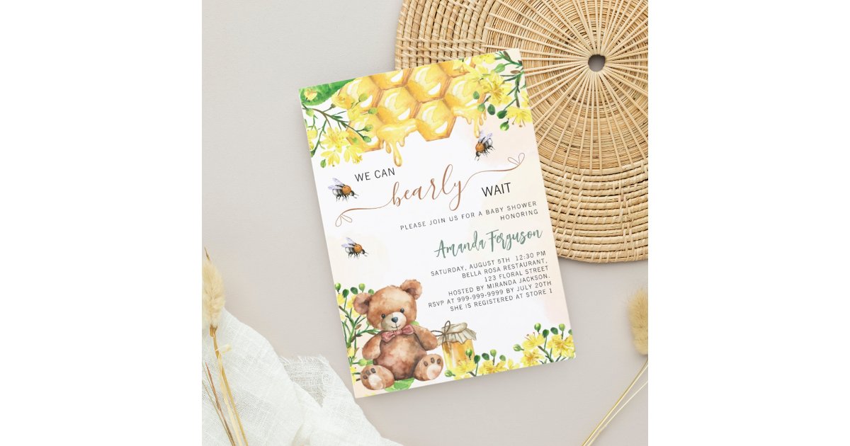 Teddy bear bees honeycomb yellow Baby Shower Invitation | Zazzle
