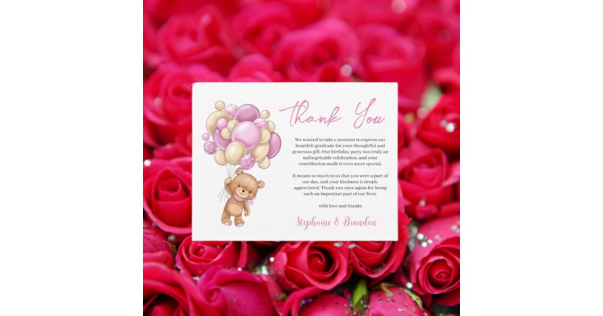 Teddy Bear Birthday Pink thank you Holiday Card | Zazzle