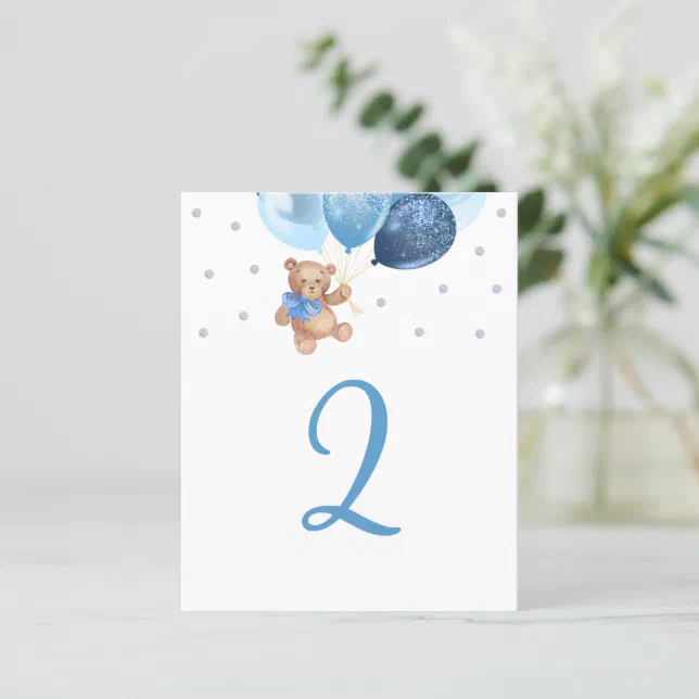 Teddy Bear Blue and Silver Table Number Sign | Zazzle