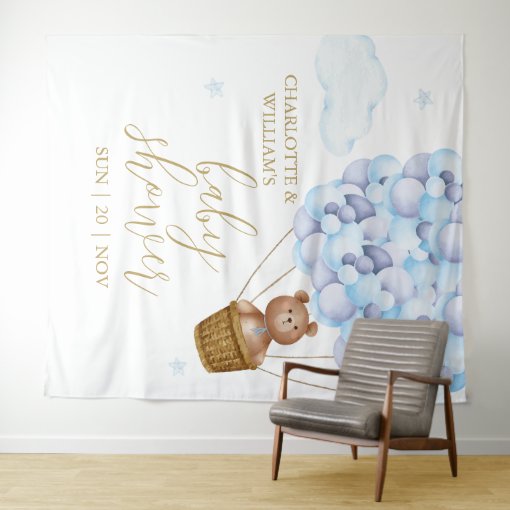 Teddy Bear Blue Baby Shower Photo Backdrop | Zazzle