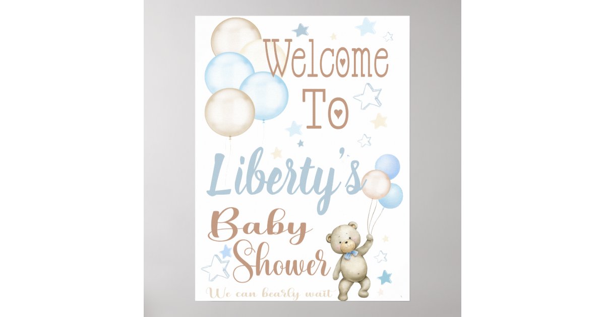 Teddy Bear Blue Baby Shower Welcome Sign Poster | Zazzle