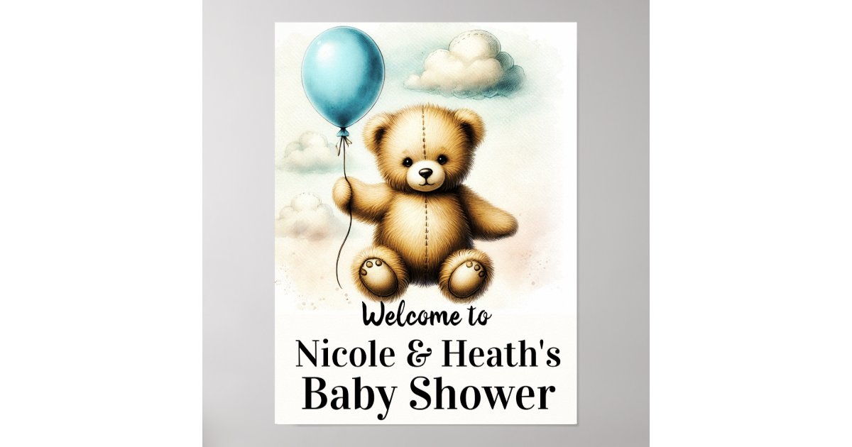 Teddy Bear Blue Balloon Baby Shower Sign | Zazzle