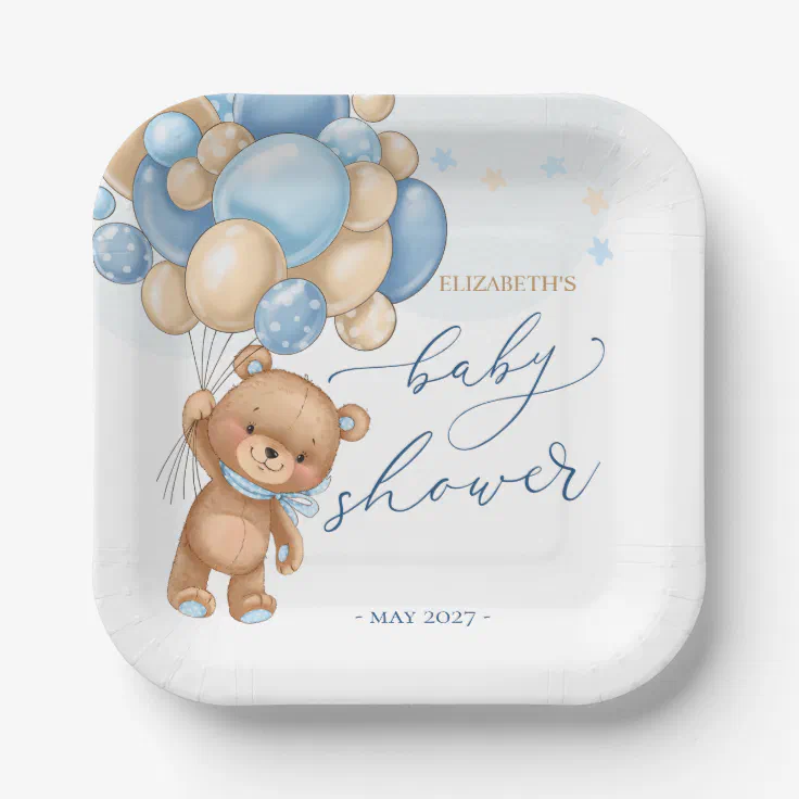 Teddy Bear Blue Balloons Baby Shower Paper Plates | Zazzle