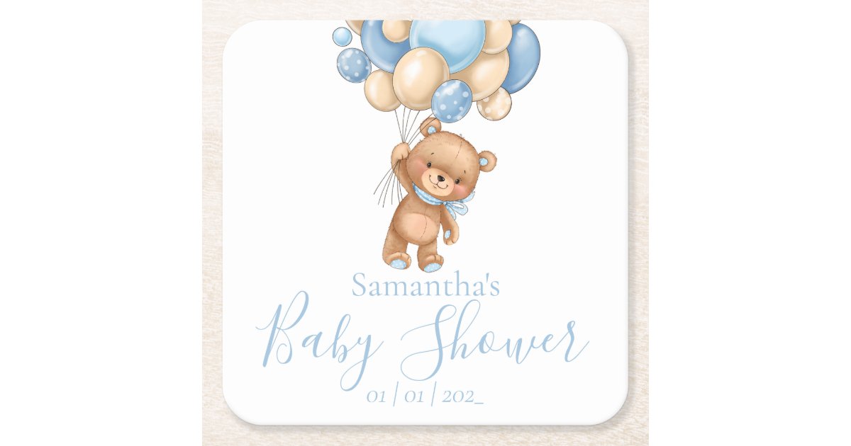 Teddy Bear Blue Balloons Baby Shower Square Paper Coaster | Zazzle