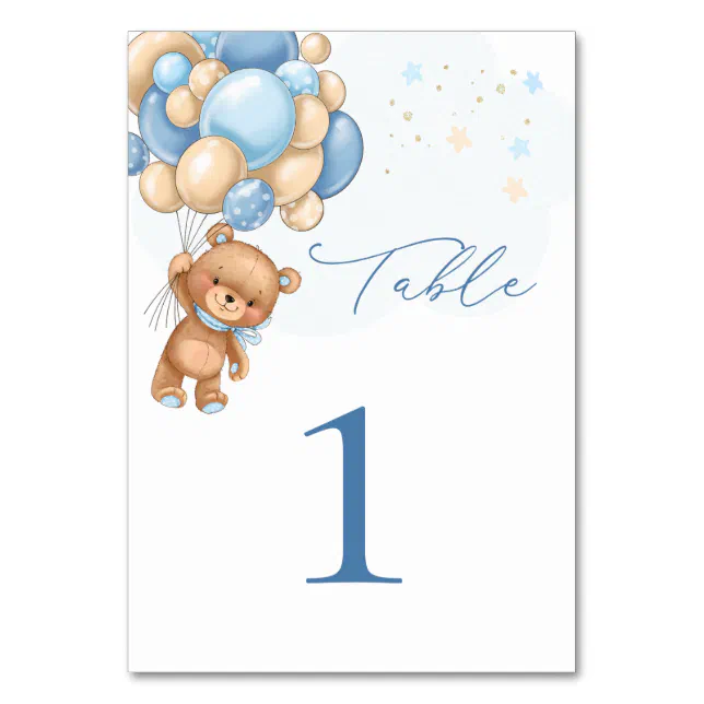 Teddy Bear Blue Balloons Baby Shower Table Number | Zazzle