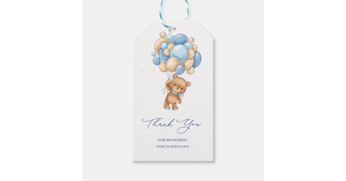 Teddy Bear Blue Balloons Baby Shower Thank You Gift Tags | Zazzle