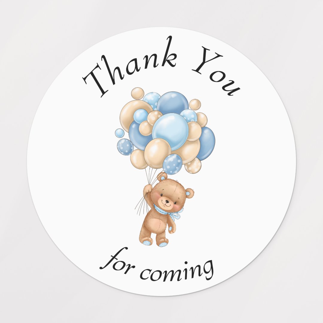 Teddy Bear Blue Balloons Baby Shower Thank You Lab Labels | Zazzle