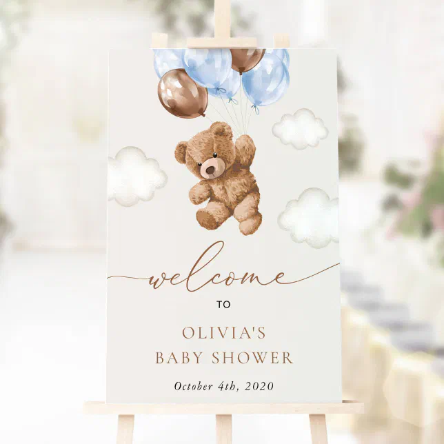 Teddy Bear, Blue Balloons, Baby Shower Welcome Poster | Zazzle