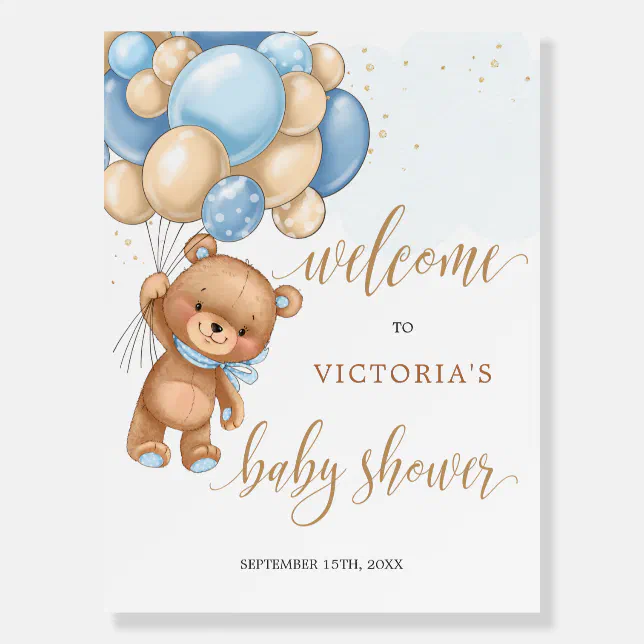 Teddy Bear Blue Balloons Baby Shower Welcome Sign | Zazzle