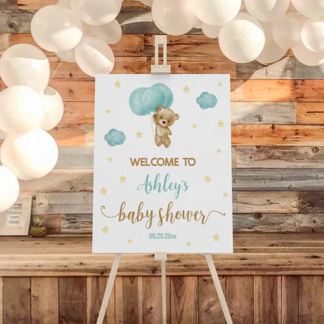 Teddy Bear Blue Balloons Baby Shower Welcome Sign | Zazzle