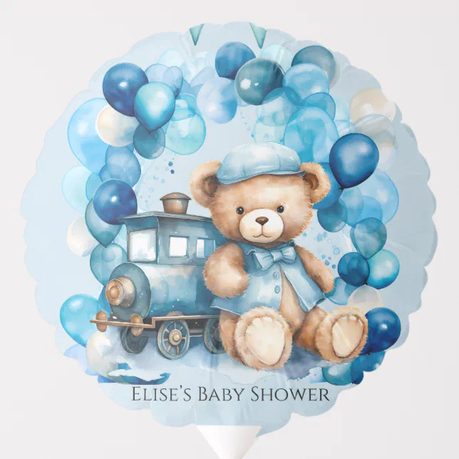 Teddy Bear Blue Train Boy Baby Shower Balloon | Zazzle