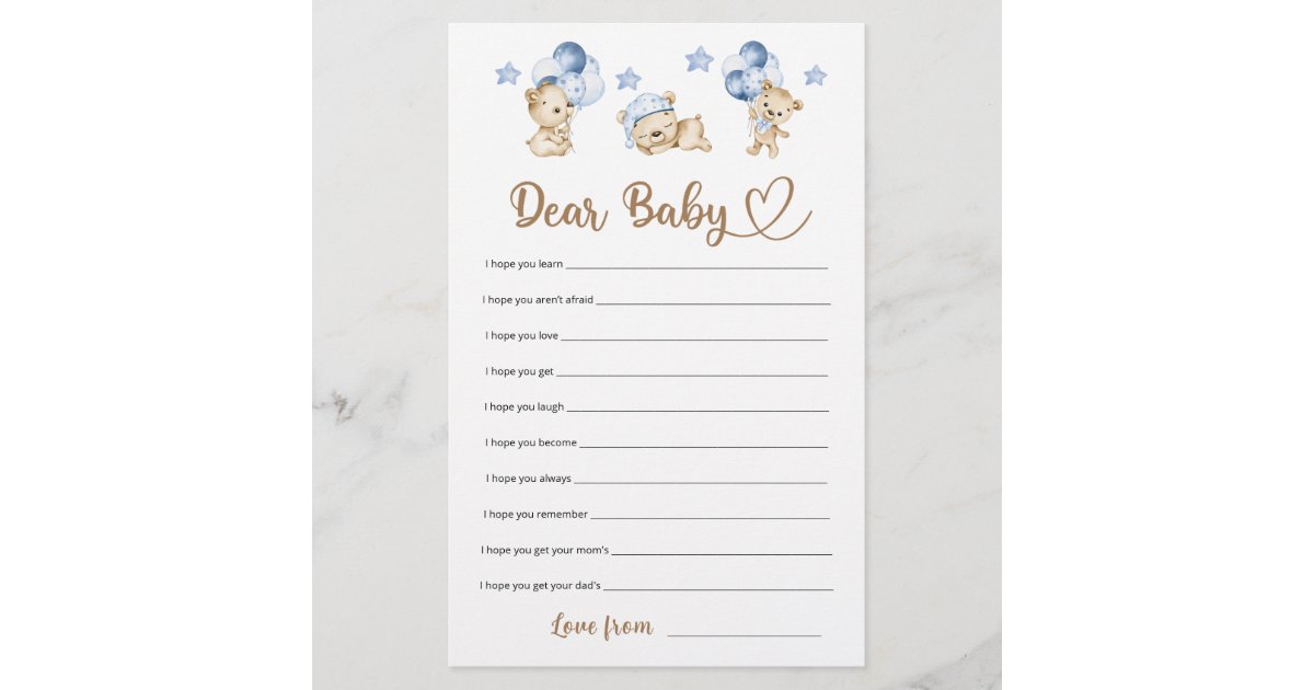 Teddy bear boy baby shower Dear Baby Wishes | Zazzle