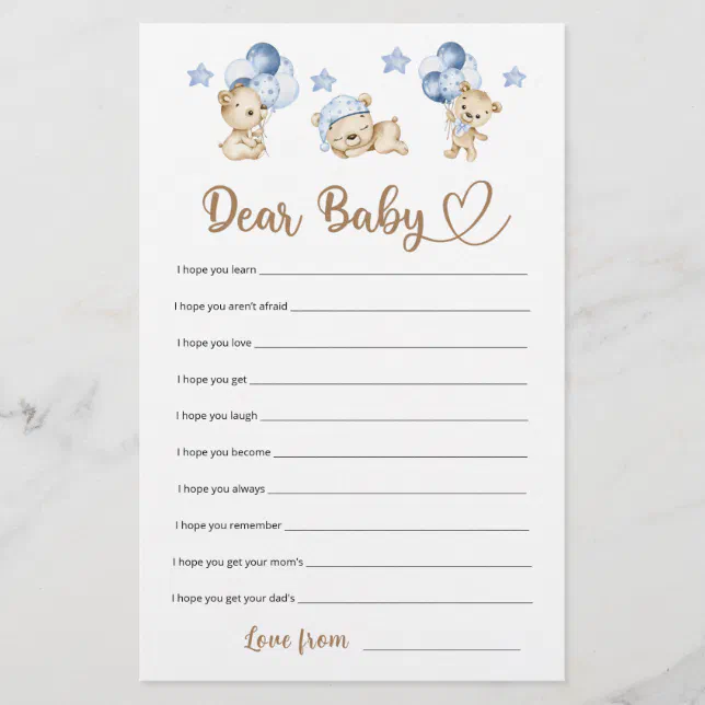 Teddy bear boy baby shower Dear Baby Wishes | Zazzle