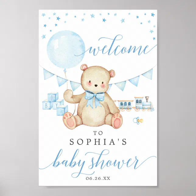 Teddy Bear Boy Blue Baby Shower Welcome Sign | Zazzle
