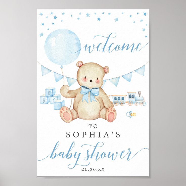 Teddy Bear Boy Blue Baby Shower Welcome Sign | Zazzle