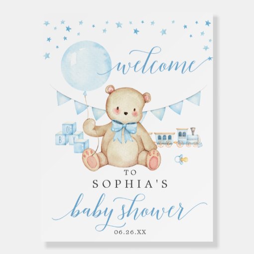 Teddy Bear Boy Blue Baby Shower Welcome Sign | Zazzle