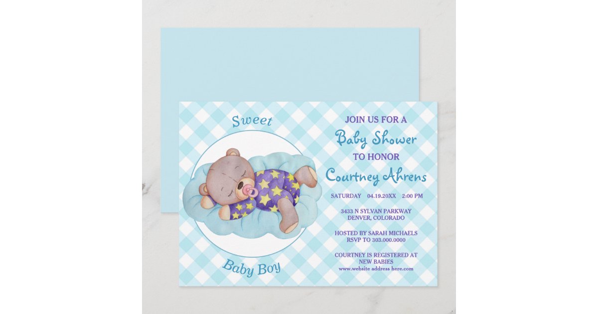 Teddy Bear Boy Sleeping Baby Shower Invitation | Zazzle