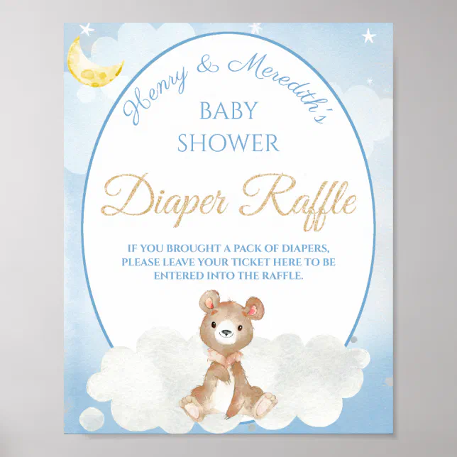 Teddy Bear Boy's Baby Shower Diaper Raffle Poster | Zazzle