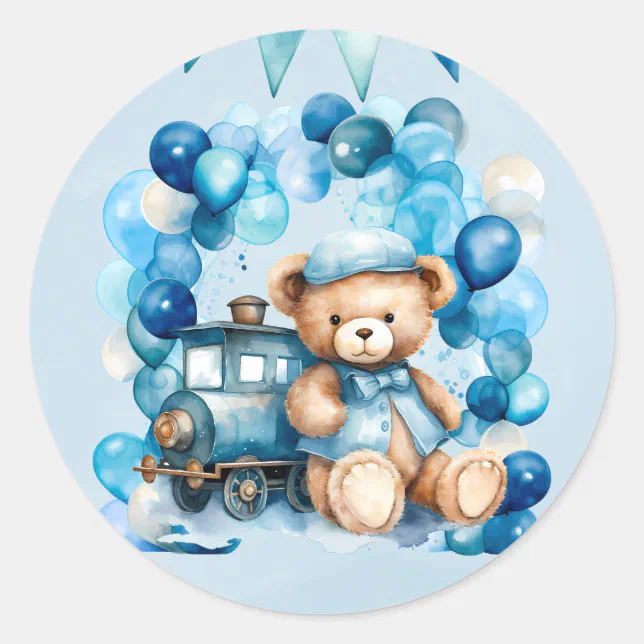 Teddy Bear Cho Cho Train Boy Baby Shower Classic Round Sticker | Zazzle